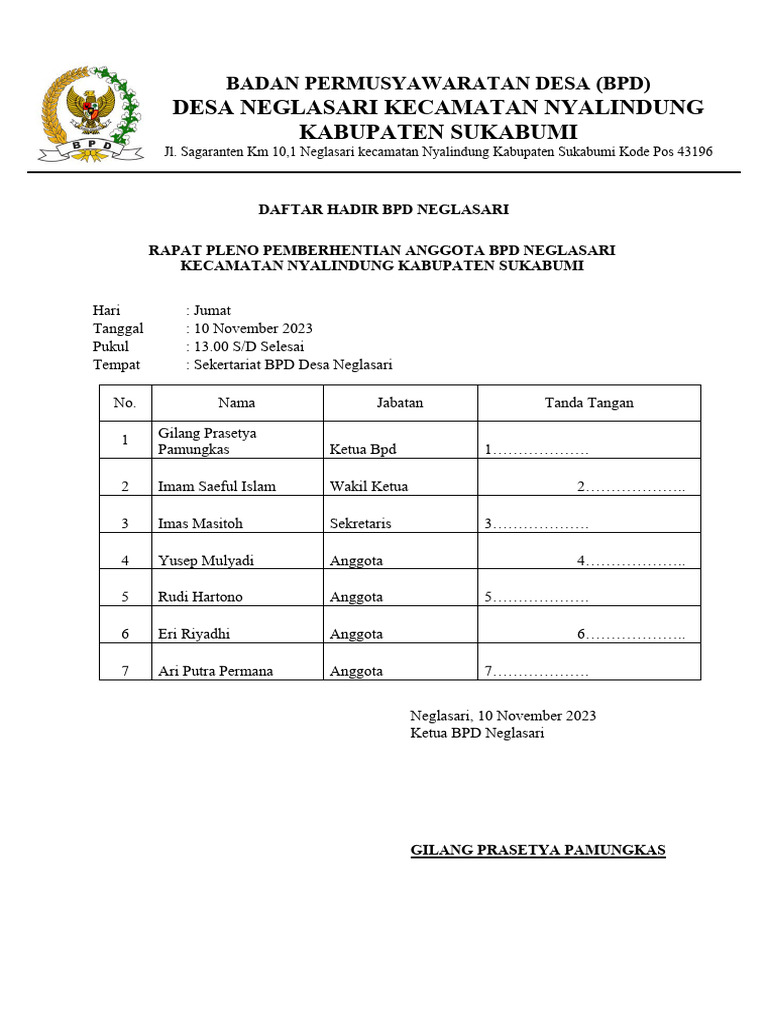 DAFTAR HADIR BPD Rapat Pemberhentian Anggota BPD | PDF
