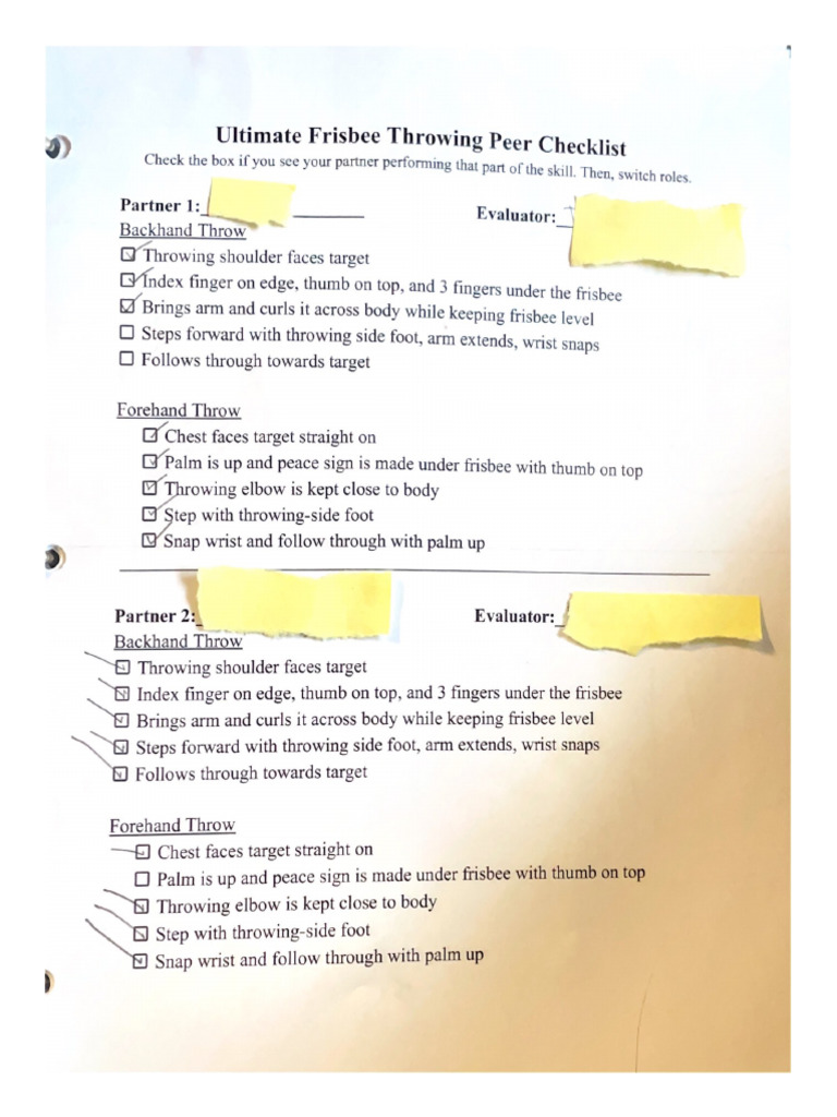 Samples of Frisbee Throwing Peer Checklist | PDF
