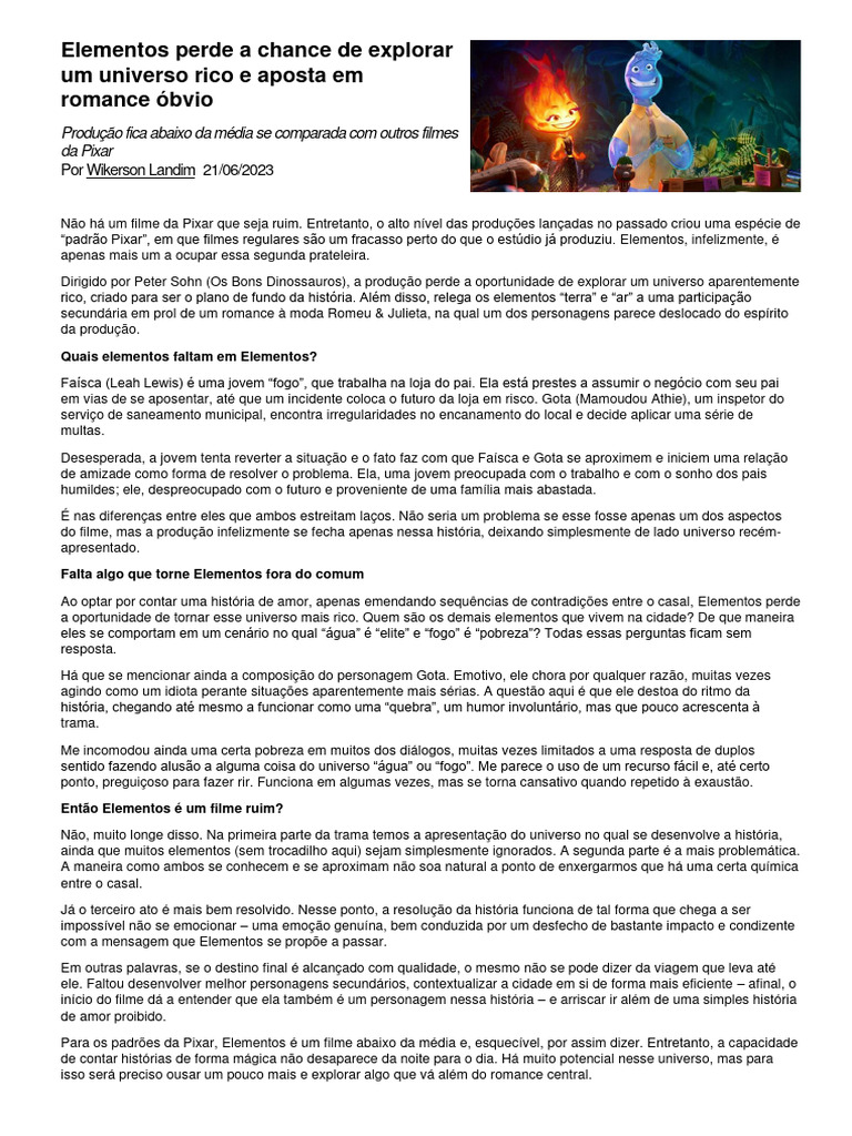 Resenha Do Filme Elementos | PDF | Pixar | Universo