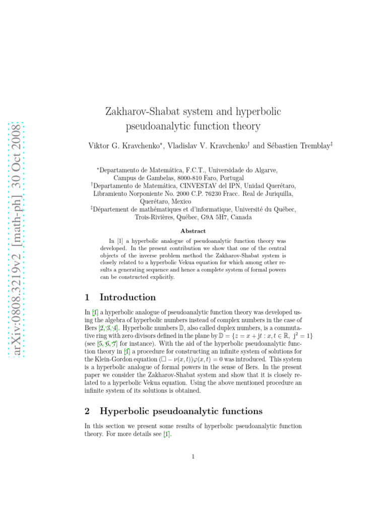 Zakharov-Shabat System and Hyperbolic | PDF | Function (Mathematics) | Functions And Mappings