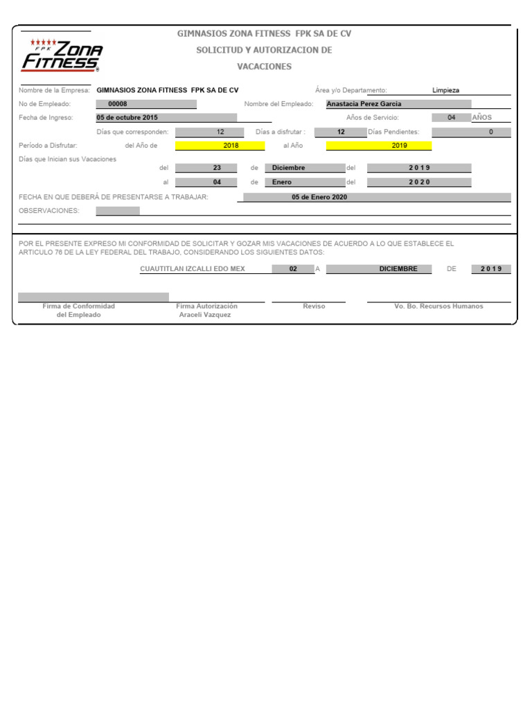 Formato de Vacaciones Dme, Kafsa y Gimnasios | PDF