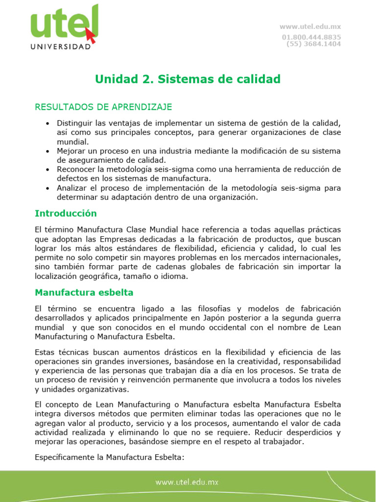 Resumen Unidad 2 | PDF | Lean Manufacturing | Calidad (comercial)