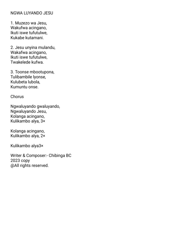 Ngwa Luyando Jesu: Song Lyrics | PDF