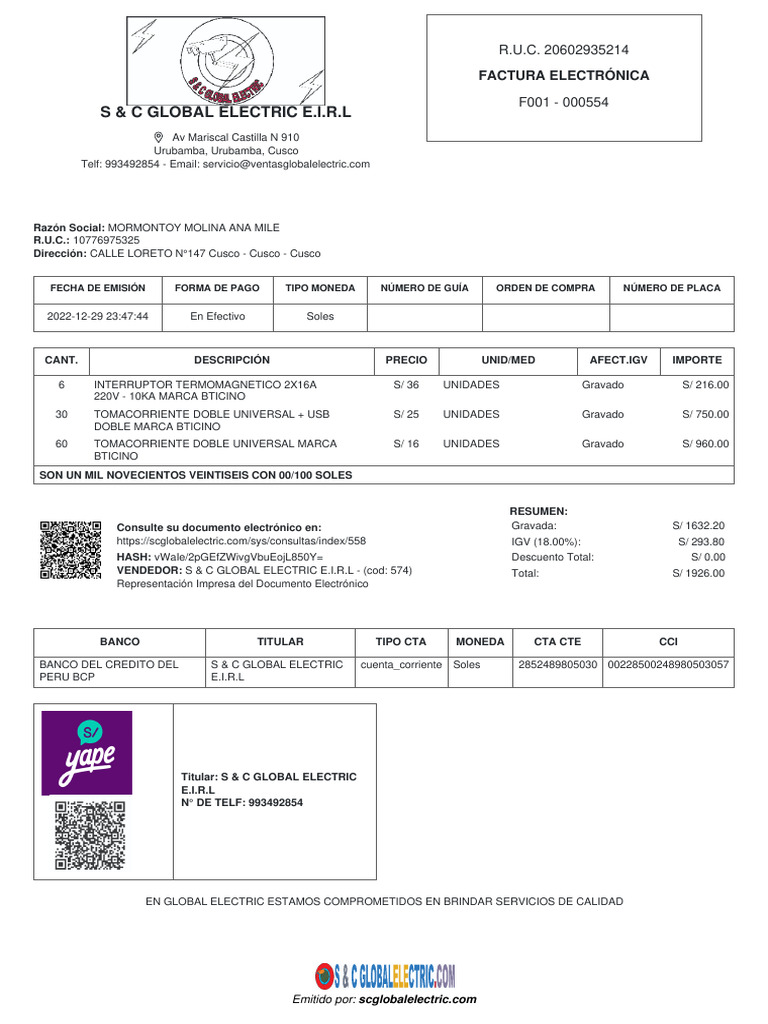 S & C Global Electric E.I.R.L: Factura Electrónica | PDF | Mercado de ...