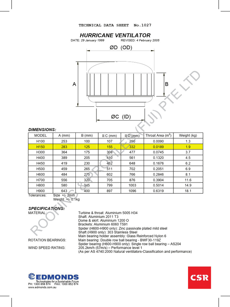 Hurricane Ventilator Technical Data Sheet | PDF | Bearing (Mechanical ...