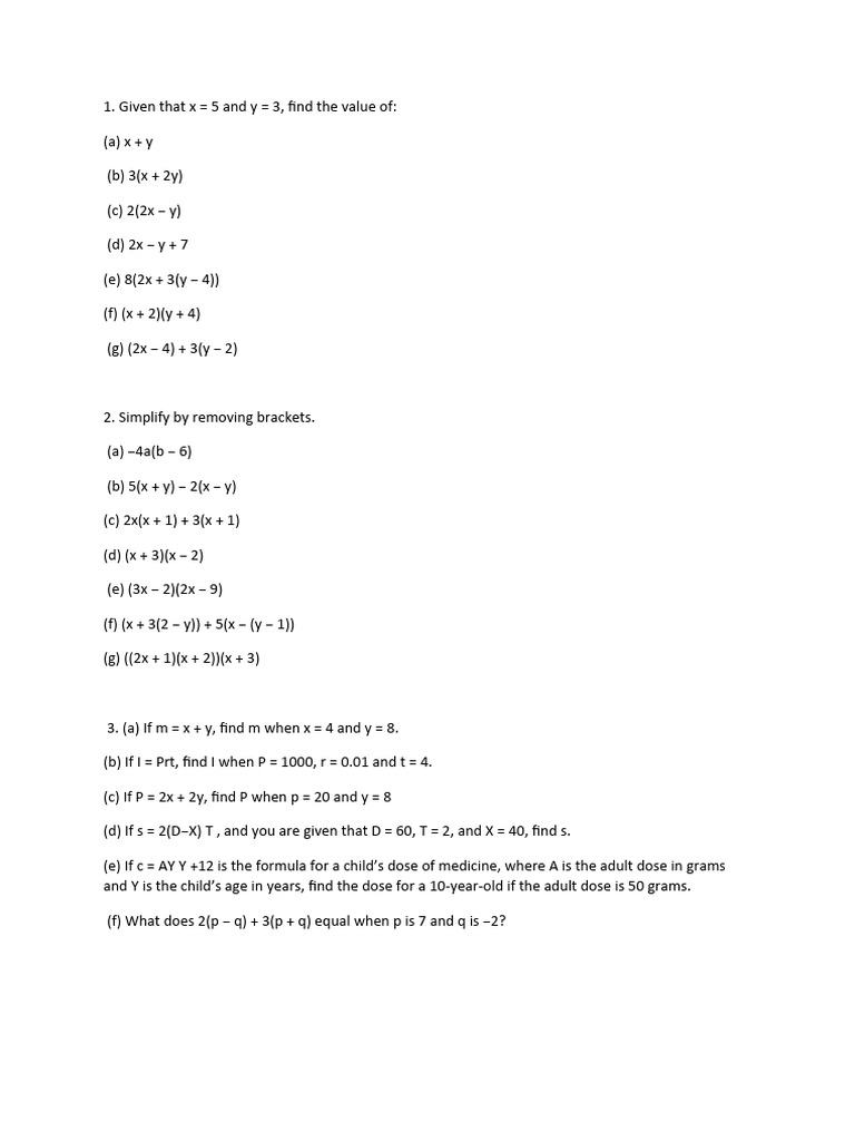 Algebra Revision Worksheet | PDF