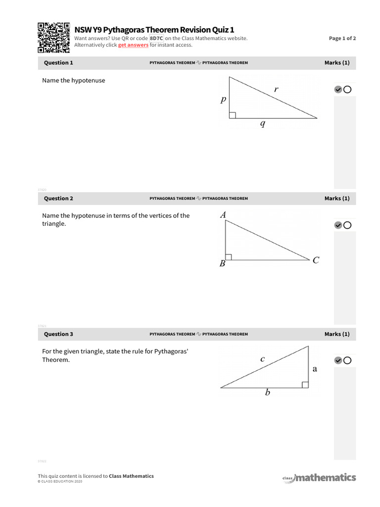Pythagoras revision quiz | PDF | Triangle | Trigonometry