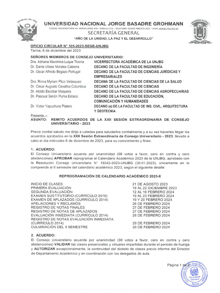 Oficio Circular #105-2023-Sege - Unjbg - Remito Acuerdo C.U | PDF