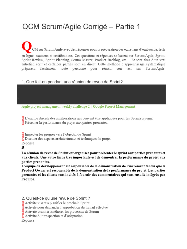 QCM Sur La Methode Scrum | PDF | Scrum (développement) | Méthode agile
