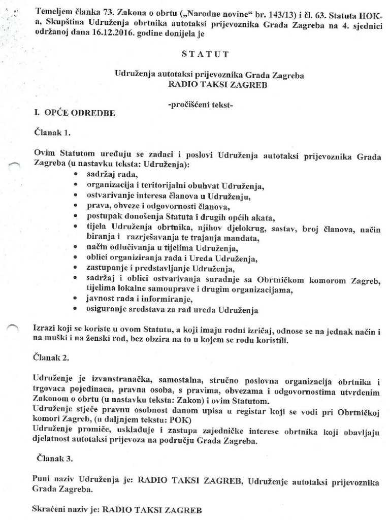 Statut Udruženja Autotaksi Prijevoznika Zagreb RADIO TAKSI ZAGREB | PDF