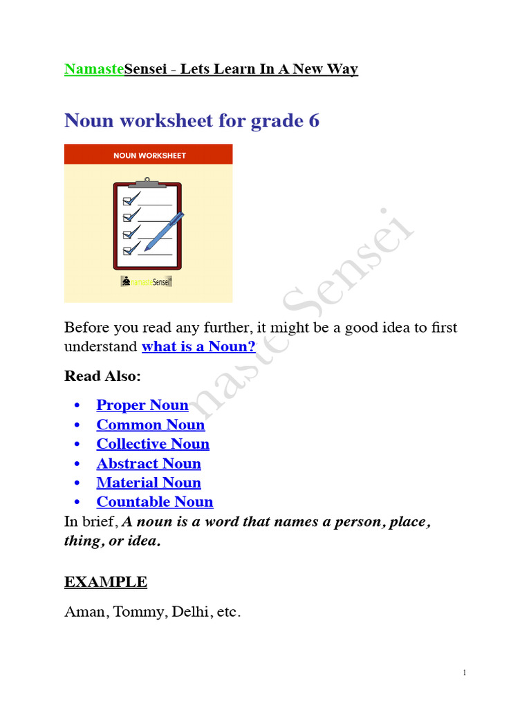 Noun Worksheet For Class 6 With Answers 1 | PDF | Noun