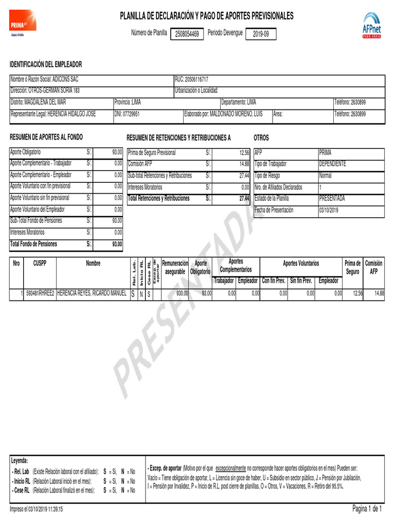 18 - Declaracion Planilla AFP PRIMA 09-2019 Rectificatoria | PDF ...