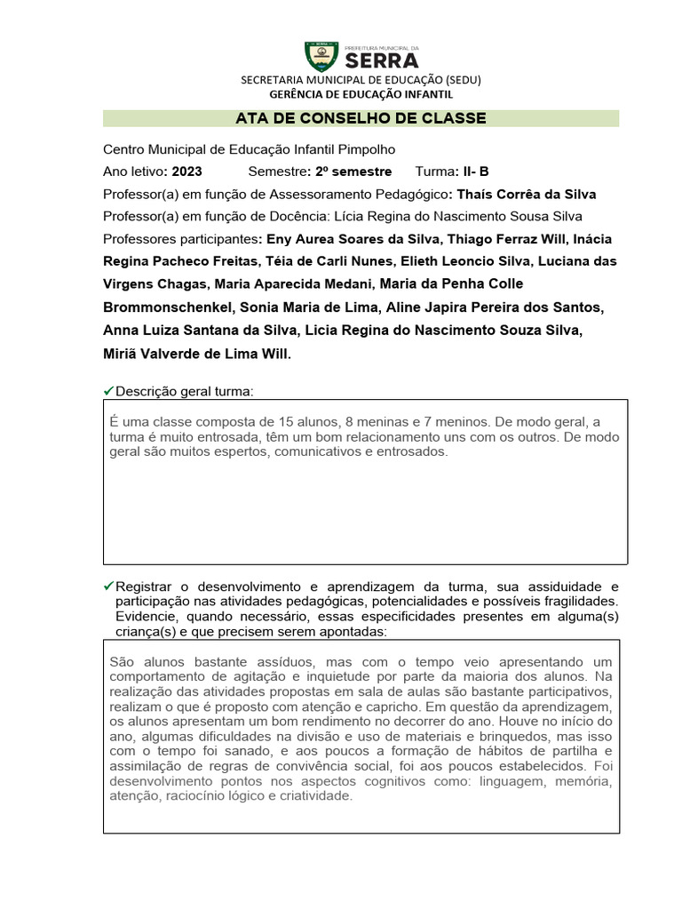 Modelo de Ata de Conselho de Classe - Respondido | PDF