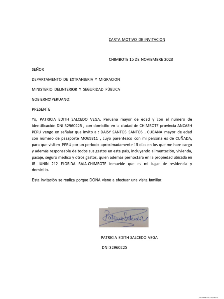 Carta de Invitación a Perú para Cubana | PDF