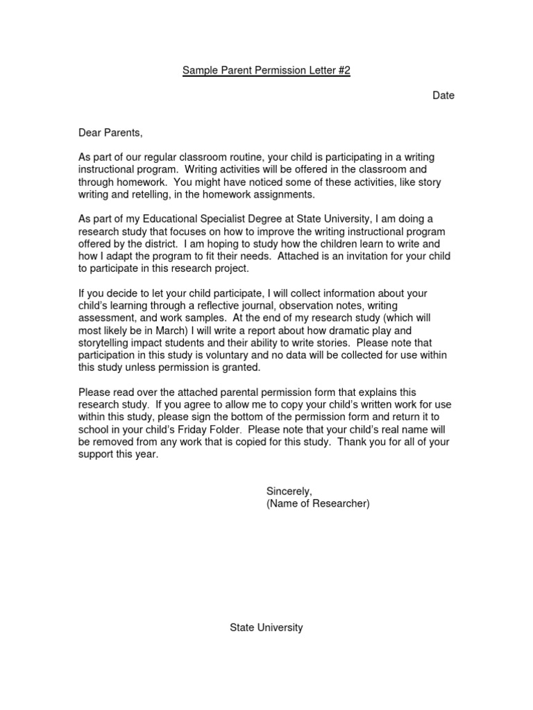 Parent Permission for Writing Study | PDF | Classroom | Teachers