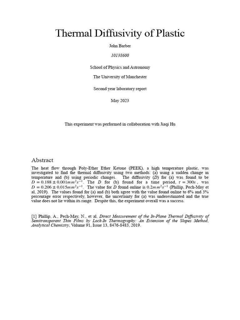 Thermal Diffusivity of Plastic | Download Free PDF | Thermal Conduction | Thermal Conductivity