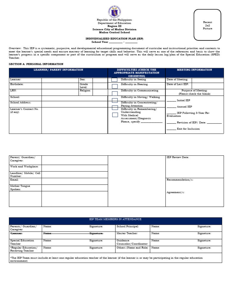 DepEd Individualized Education Plan Template | PDF
