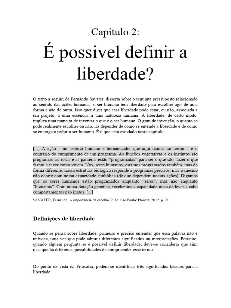 SAS Filosofia 1° Série, Capítulo 2: É Possível Definir A Liberdade? | PDF