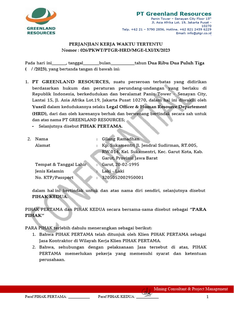 026 - PKWT - PTGR - HRD - Mge-Lxi - Gilang Ramadhan - TTD | PDF