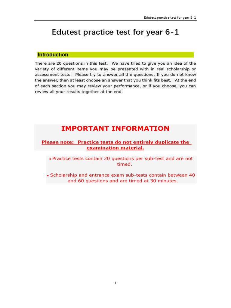 Edutest Practice Test For Year 6-1 | PDF