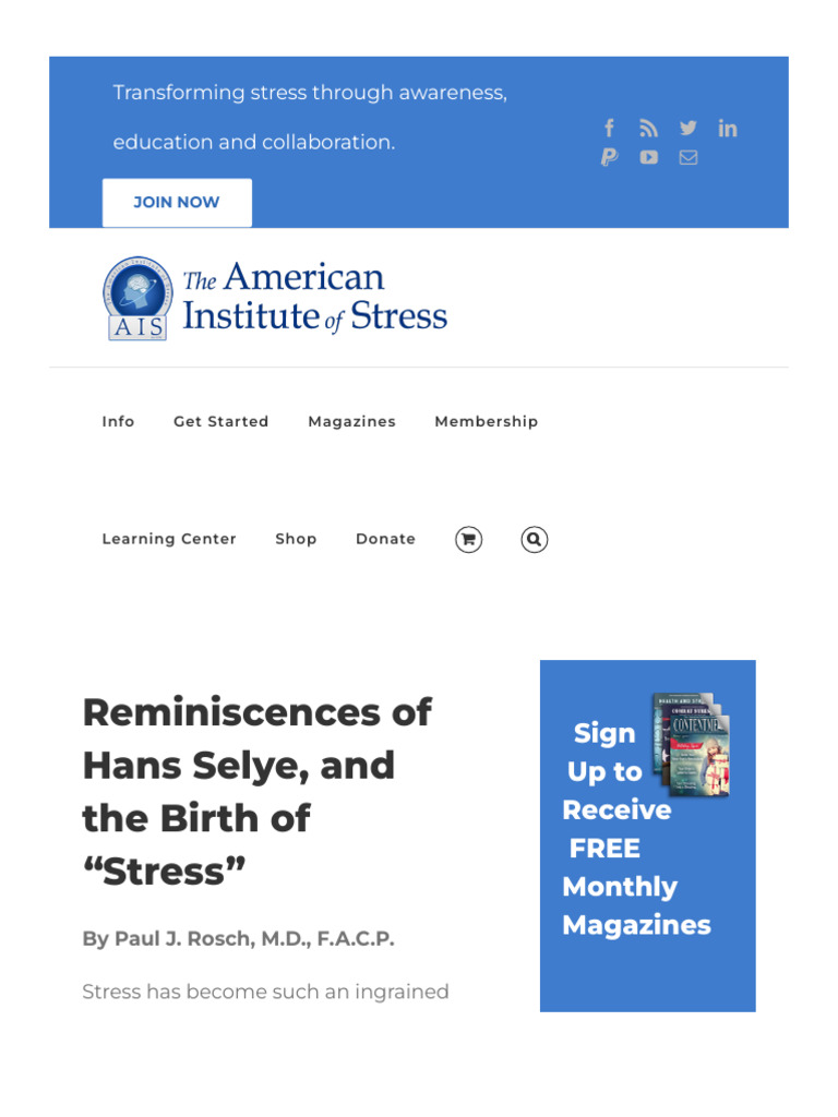 Hans Selye - Birth of Stress - The American Institute of Stress | PDF ...