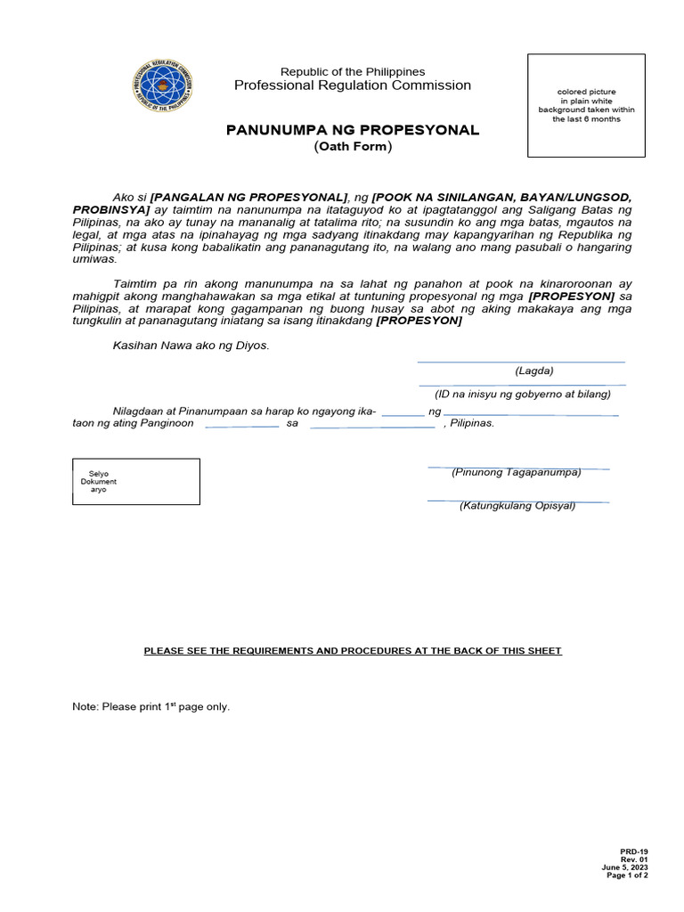 PRD-19 Rev 01 Panunumpa NG Propesyonal | PDF | Identity Document ...