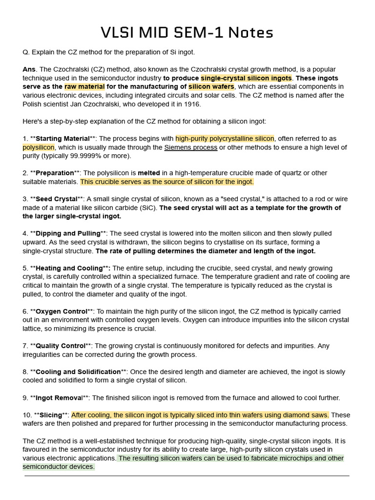 VLSI MID SEM-1 Notes | PDF | Single Crystal | Ingot