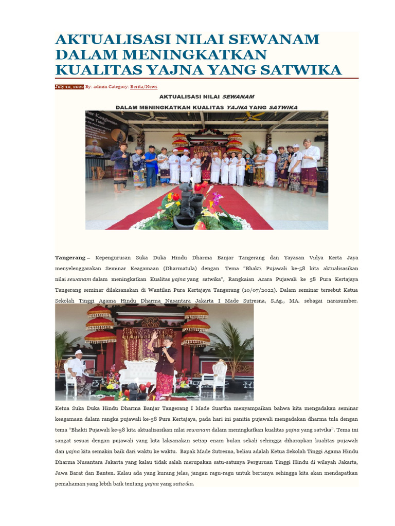 Aktualisasi Nilai Sewanam Dalam Pelaksanaan Yadnya Yang Satwika | PDF