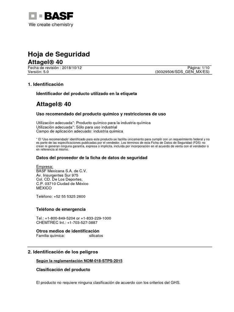 Hoja de Seguridad Attagel 40 | PDF | Toxicidad | Cáncer