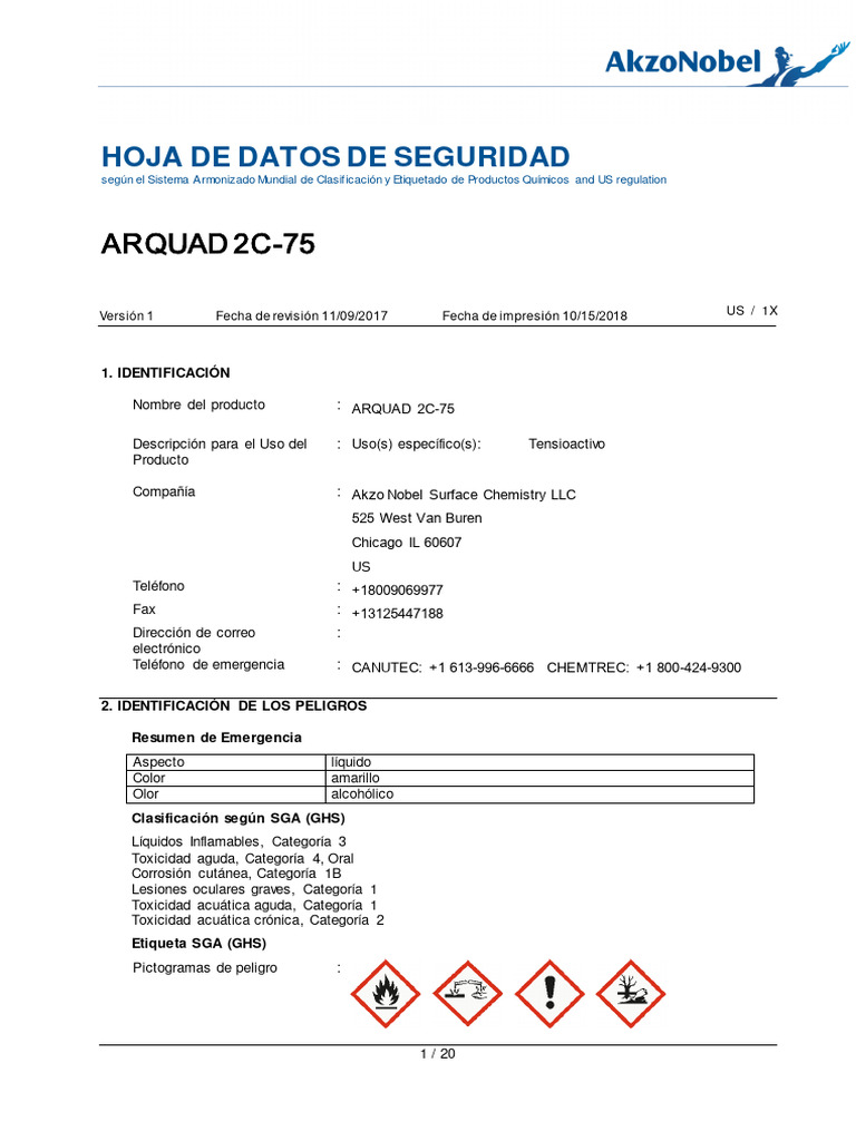 Hoja de Datos de Seguridad: ARQUAD 2C-75 | PDF