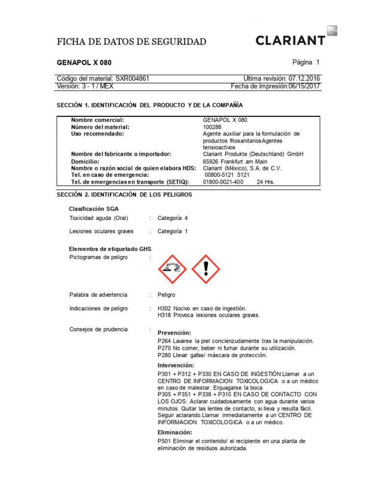 Ficha de Seguridad Genapol X 080 | PDF | Ciencias fisicas | Química