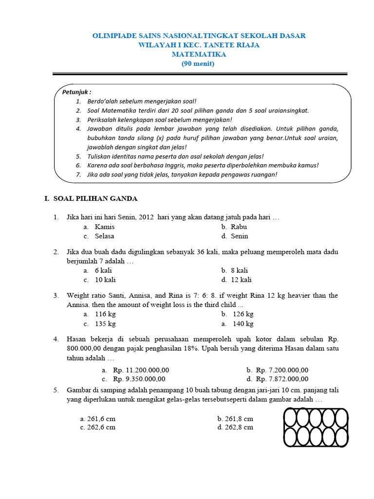 Soal Matematika OLIMPIADE SAINS NASIONAL TINGKAT SEKOLAH DASAR | PDF ...