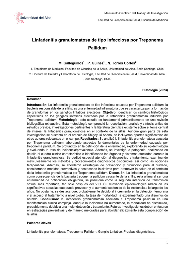 Linfadenitis Granulomatosa de Tipo Infecciosa Por Treponema Pallidum ...