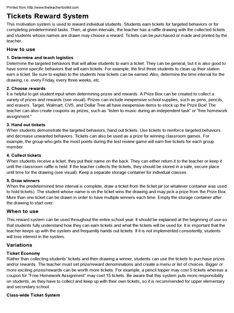 Classroom Ticket Reward System Guide | PDF