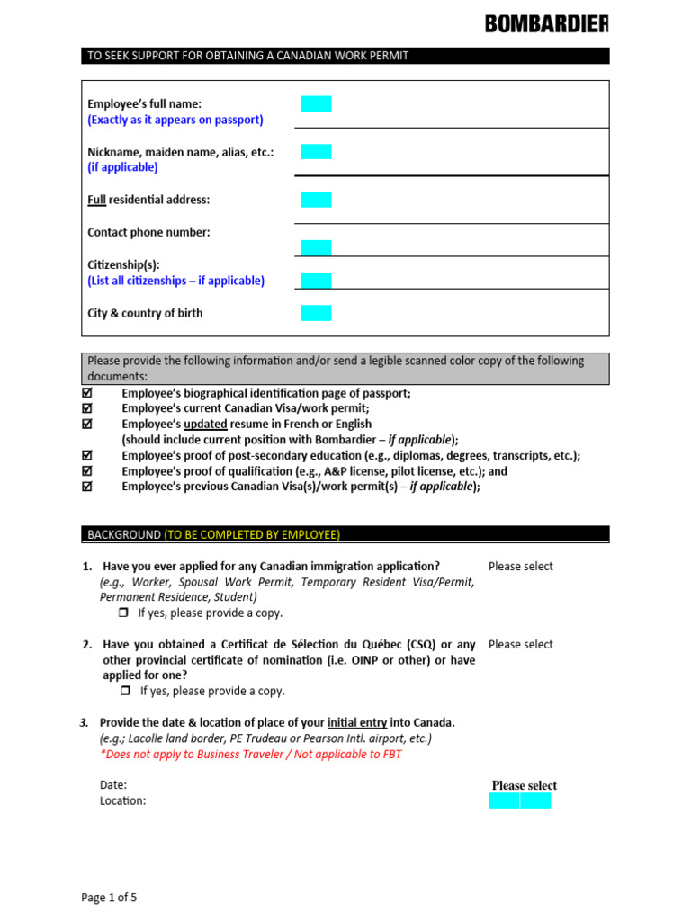 Immigration Questionnaire Canada - 2022 | PDF | Travel Visa | Salary