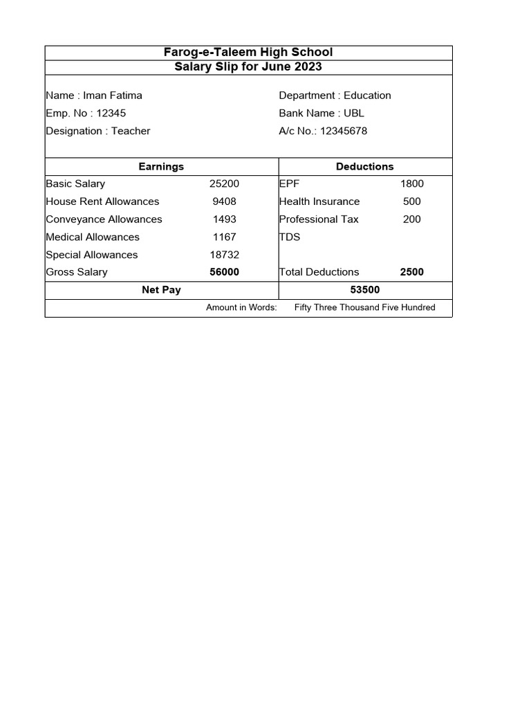 Teacher Salary Slip - June 2023 | PDF