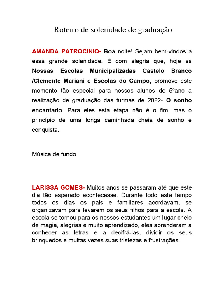 Roteiro de Formatura Casteloo 2022 | PDF | Arte