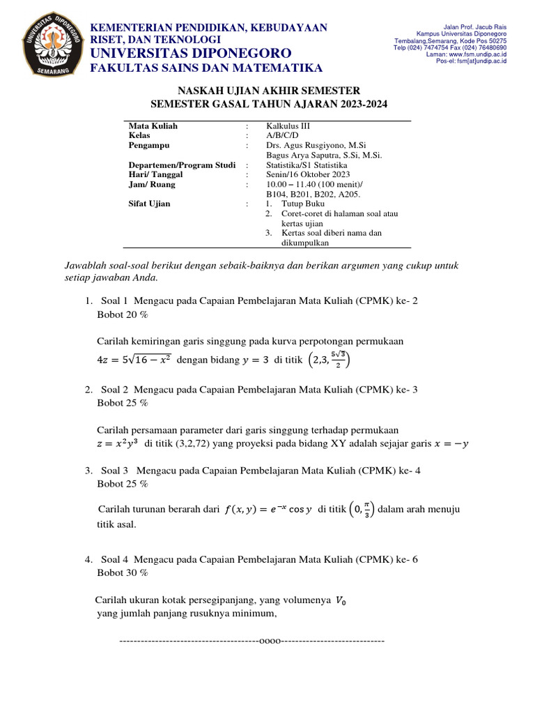 Uts Kalkulus III Tahun 2023 | PDF | Teknologi & Rekayasa