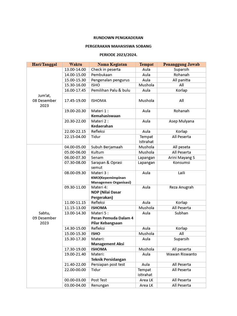 Rundown Pengkaderan Mahasiswa 2023/2024 | PDF