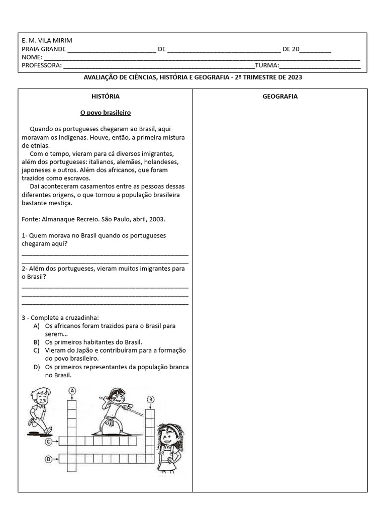 Avaliação História, Geografia e Ciencias - 4ºano | PDF