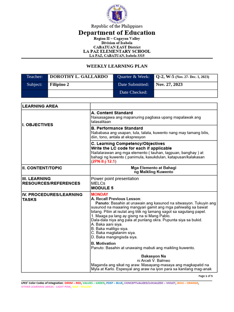 DLL - FILIPINO 2 Week 5 2nd Quarter | PDF