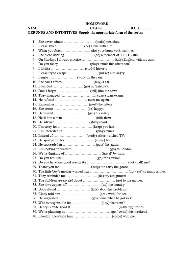 Homework Gerunds and Infinitives | PDF
