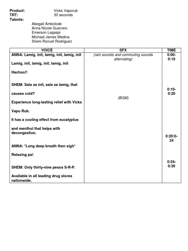 Vicks Vaporub Script Radio Revised | PDF