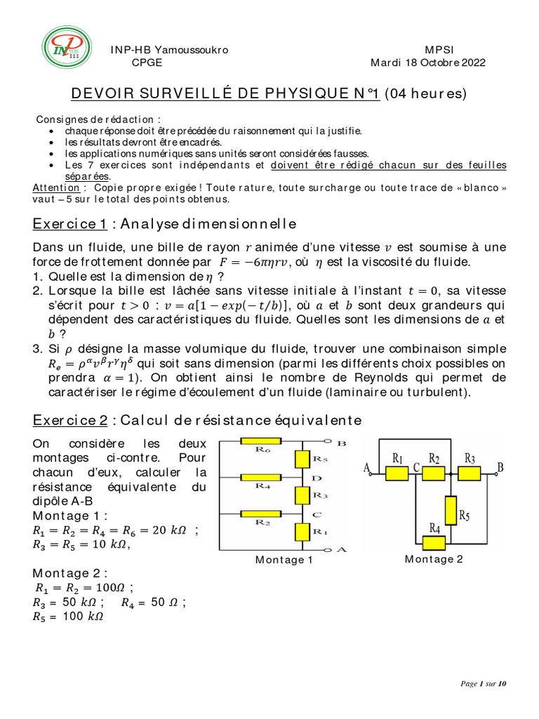 Devoir de Physique MPSI N°1-2022-2023 + Correction | PDF