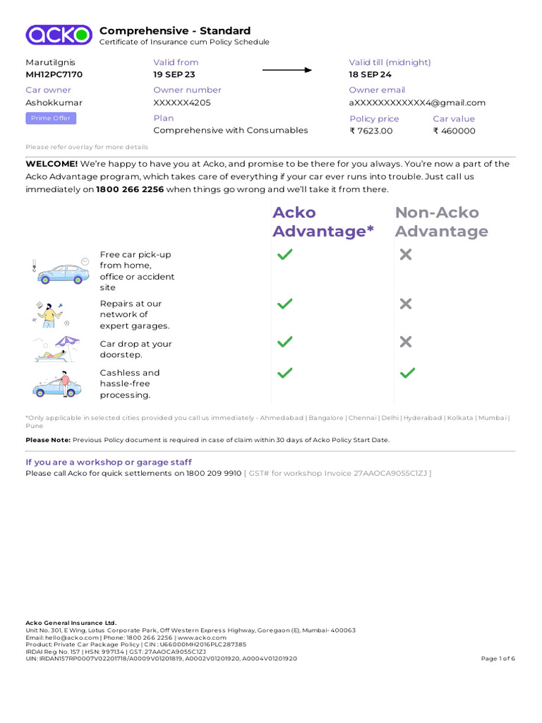 Acko Car Policy - ACCA01018654223 - 00 | PDF | Insurance | Business Law