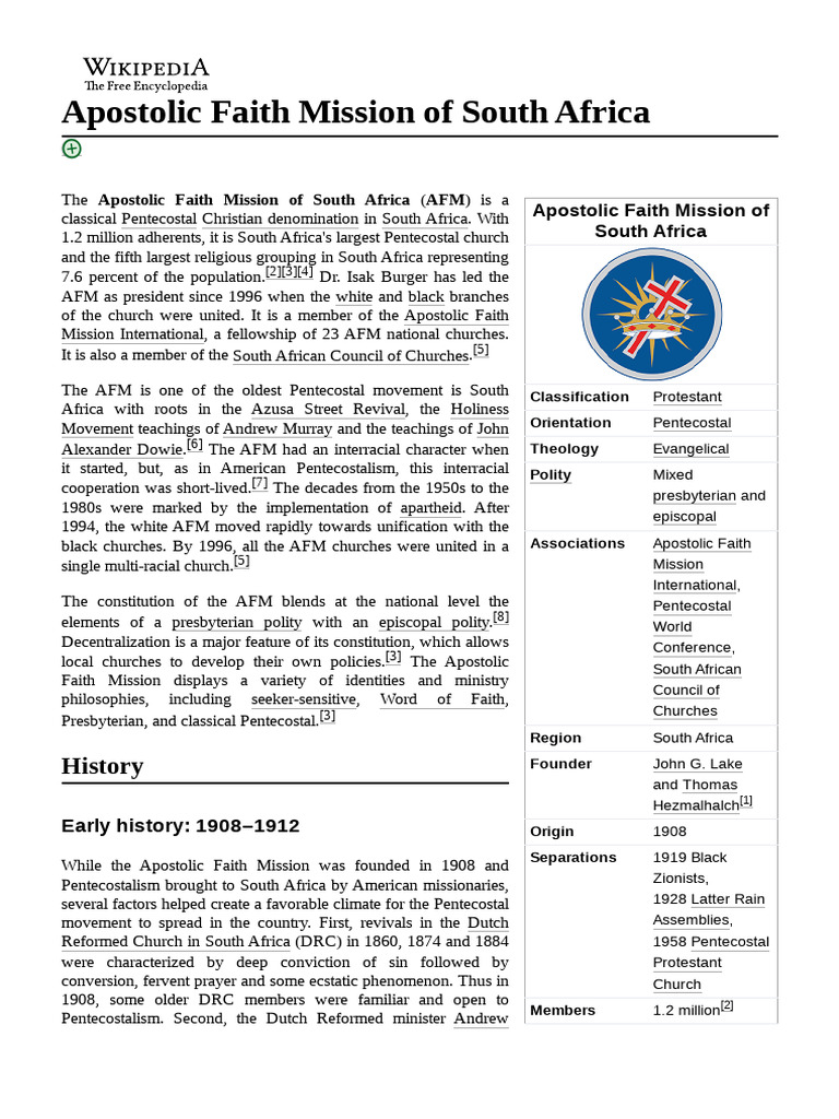 Apostolic Faith Mission of South Africa | PDF | Evangelicalism | Religious Faiths