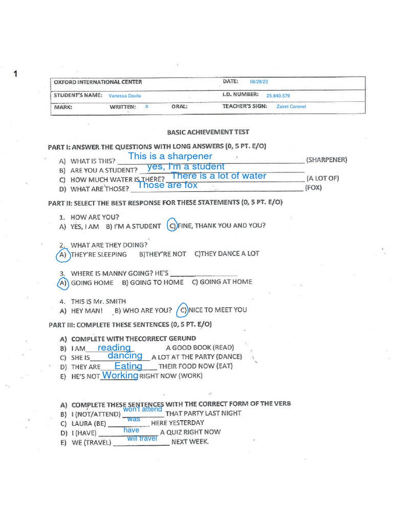 Basic Achievement Test-1 Vanessa Davila | PDF