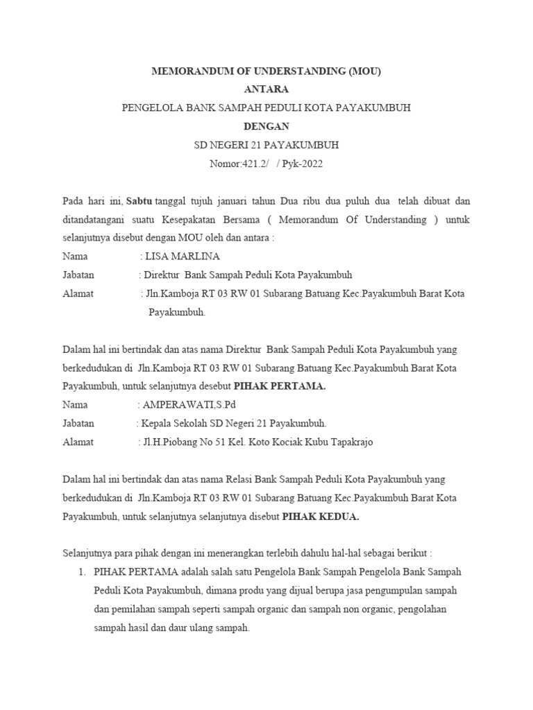 Mou Bank Sampah | PDF | Pengelolaan Keuangan & Uang