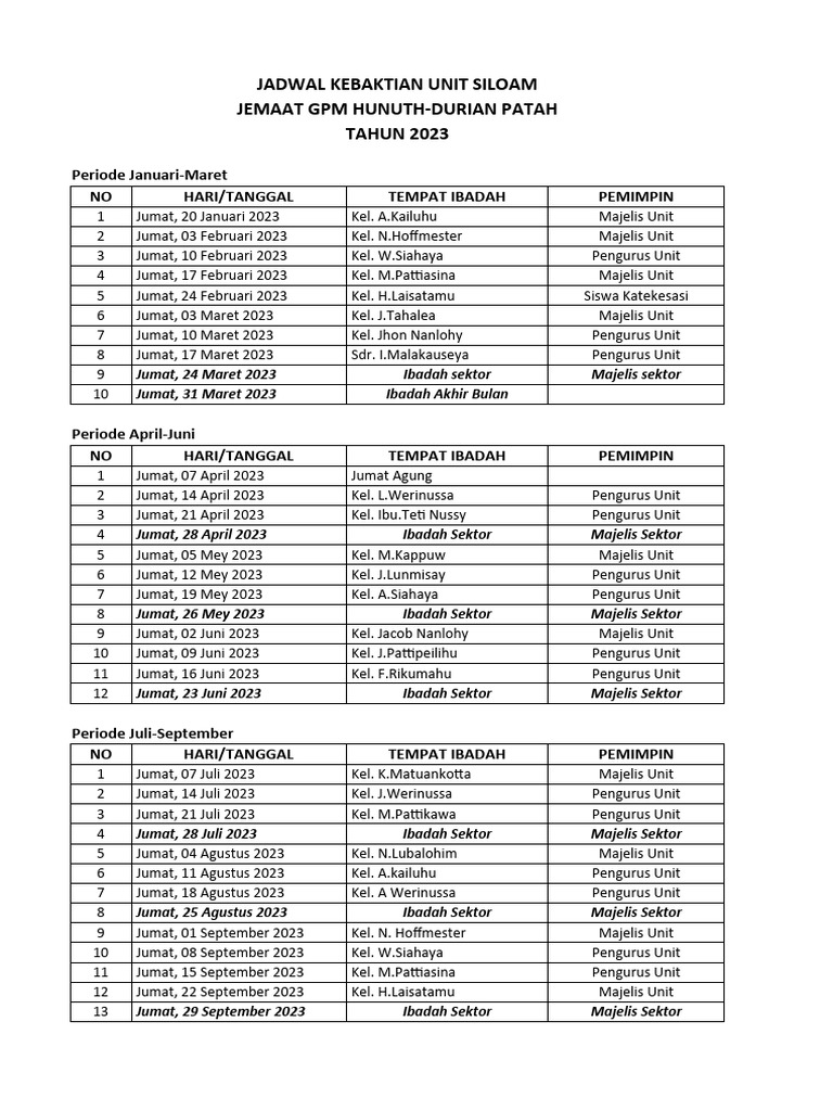 Jadwal Ibadah Unit 2023 | PDF