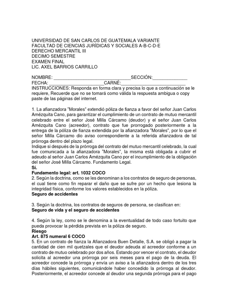 Examen final Mercantil III Completo | PDF | Póliza de seguros | Seguro
